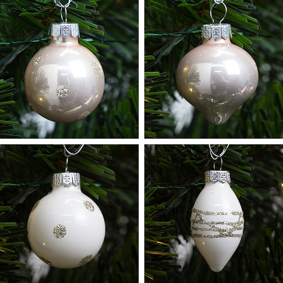 KINGYEE Miniature Ornaments and Tree Topper White and Pink Christmas Mini Glass Tree Decorations Set of 15 for Tabletop Desktop Tree Wedding Centerpiece