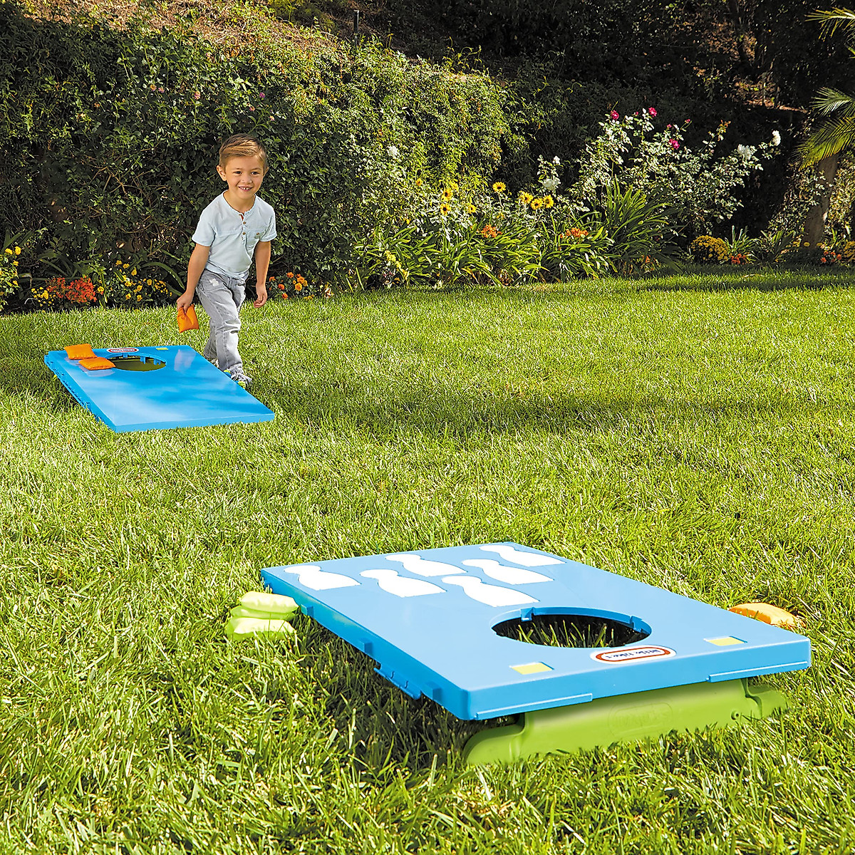 Little Tikes 5-in-1 Cornhole Game Set Indoor Outdoor Toy w Bowling, Tic Tac Toe, Ball Toss, Lawn Darts, 16 Accessories: Bean Bags, Balls, Darts- Gift for Kids & Families, Toy For Boys Girls Ages 2 3 4