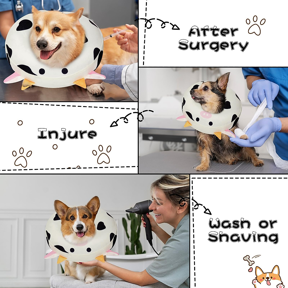 Hkojewp Inflatable Dog Cone Collar, Recovery Dog Cone for Medium Large Dog, Soft Cow Shaped Dog Cone Alternative After Surgery Neck Pillow, Dog Cones Stop to Licking for Dog,Cat(16Inch/40CM)