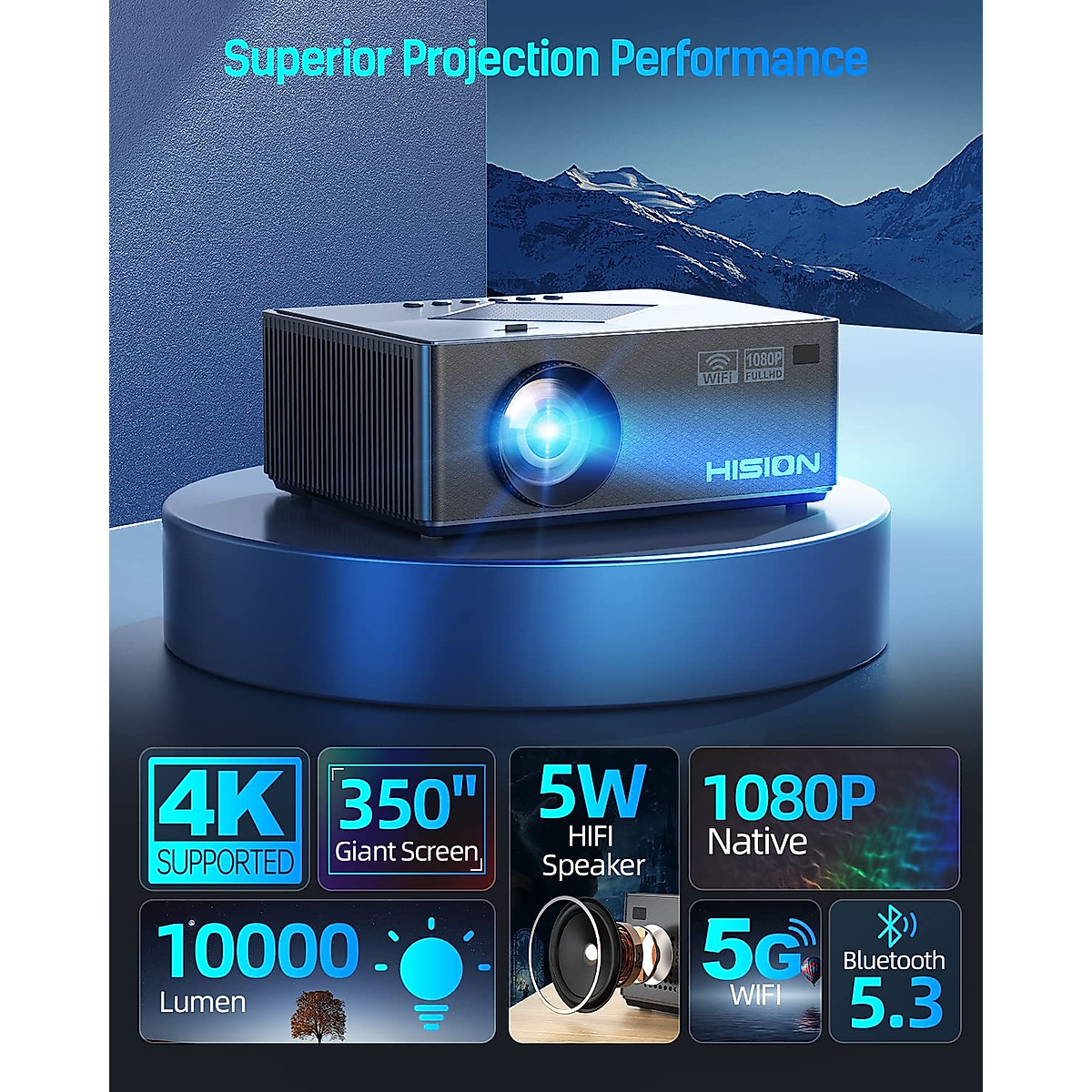 Movie Projector, HISION 5G WiFi Bluetooth Projector Native 1080P Projector 4K Support Oudoor Mini Projector for iPhone Home LED TV Projector Compatible with TV Stick Laptop Tablet PC HDMI USB TF DVD