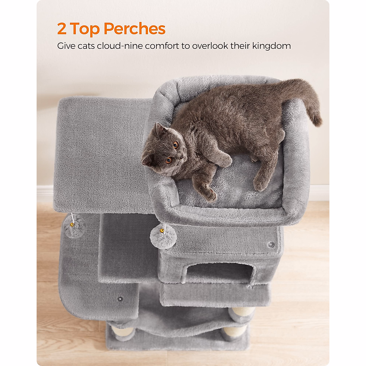 Feandrea Cat Tree, 44.1-Inch Cat Tower for Indoor Cats, Multi-Level Cat Condo with 4 Scratching Posts, 2 Perches, Hammock, Cave, Light Gray UPCT261W01