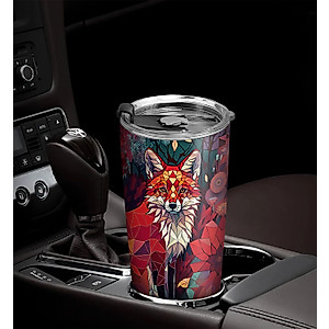 20oz Red Ruby Stained Glass Crystal Mosaic Fox Tumbler, Gifts for Fox Lovers, Coffee Thermos for Women, Stainless Steel Double Wall Vacuum Insulated Coffee Mug, Travel Cup with Lid
