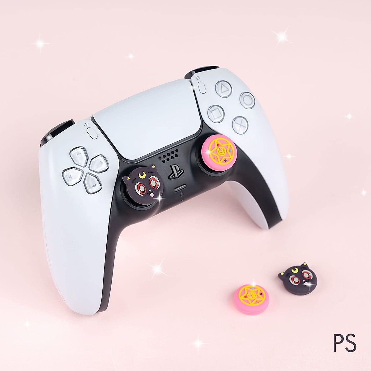 BelugaDesign Moon Anime Cat Thumb Grips | Luna Cute Pink Blue Joystick Button Caps | Compatible with Playstation PS5 PS4 Xbox Switch Pro Controllers