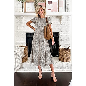 PRETTYGARDEN Women's Summer Casual Boho Dress Floral Print Ruffle Puff Short Sleeve Flowy Midi Beach Party Dresses (Apricot,Medium)