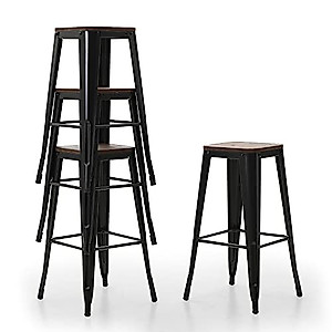 Sophia & William 30" Metal Bar Stools Set of 4 Counter Height Backless Stools with Wooden Seat,Indoor/Outdoor Barstools,Matte Black
