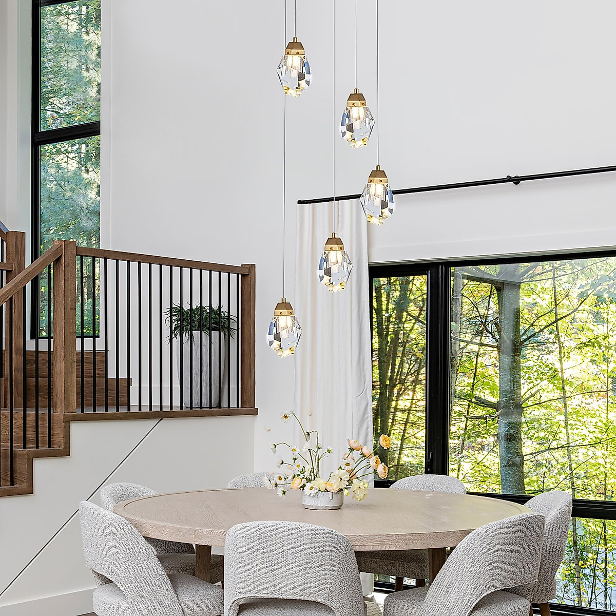 KOKAiZeeKi Dimmable Brass Gold Crystal Pendant Light - Modern 5-Light Diamond Chandelier for Kitchen Island, Dining Room, Hallway, and Bathroom