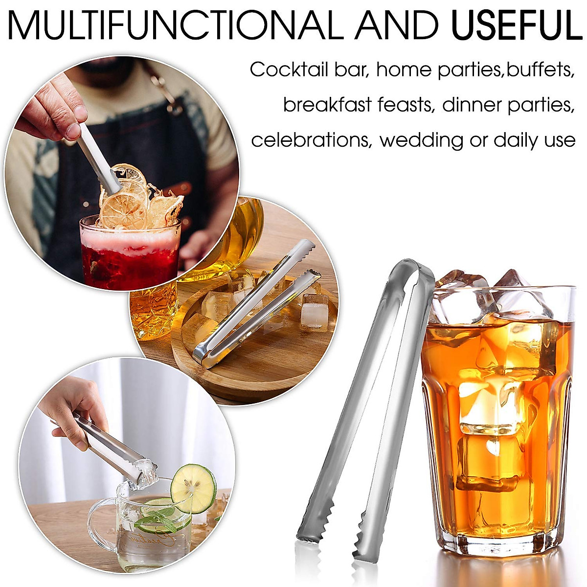 DUGATO Ice tongs, 2pcs Small Tongs 6.3 inch Stainless Steel with Sharp Teeth Make Grabbing Ice Easy, for Ice Bucket Ice Sugar Cubes Coffee Bar Food Serving