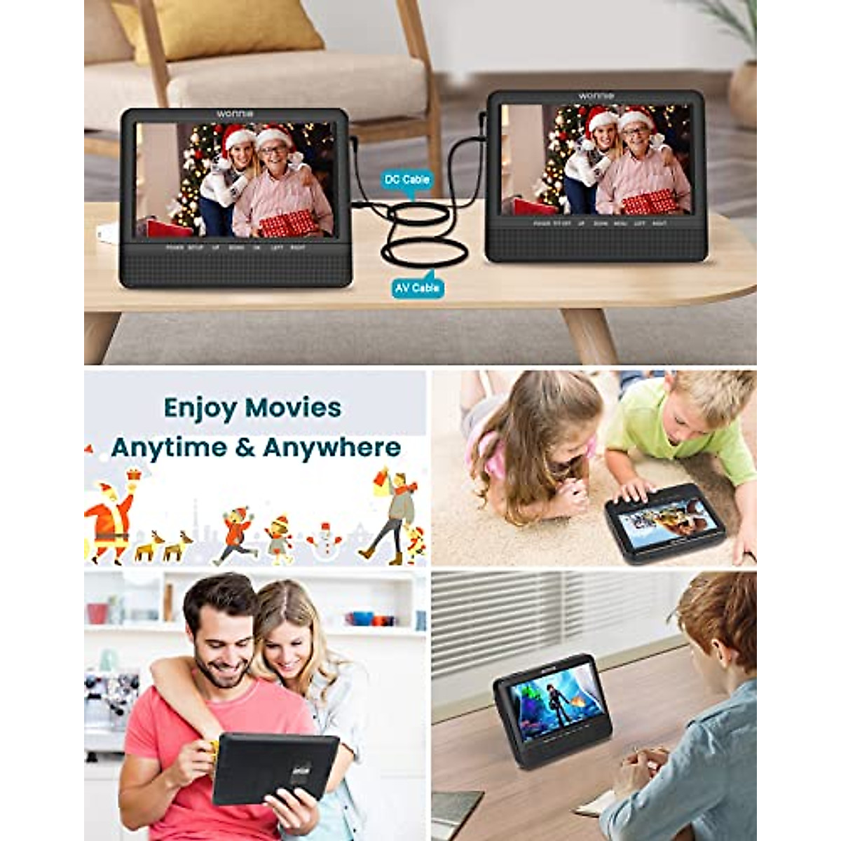 WONNIE 7.5'' Dual Car DVD Player, Portable DVD Player for Car Plays Same Movie, with 5 Hours Rechargeable Battery, Support USB/SD/Sync TV, Regions Free, Last Memory, AV Out & in (1 Player+1 Monitor)