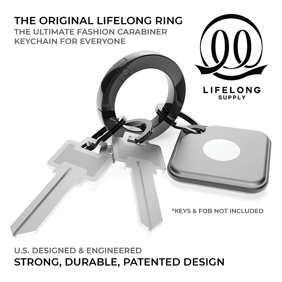 LIFELONGRING 300 Series (1) Carabiner Keychain Ring & (3) Matching Flat-Style Key Rings for Keychain Set, Universal Size Fashion Round Key Carabiner Clip, Circle Key Clip Holder (Graphite Black)