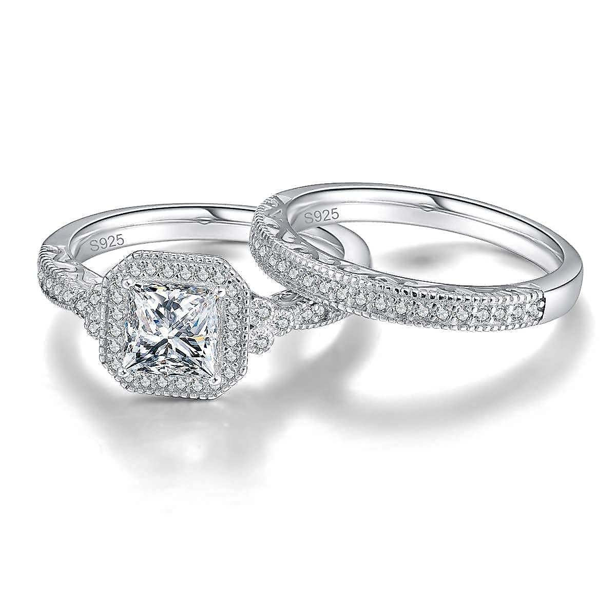 Yaresul 0.8ct Princess Cut Engagement Ring Sets 6X6mm White AAA Solitaire Cubic Zirconia Engagement Ring Set 925 Sterling Silver Wedding Ring Set for Women Size 9