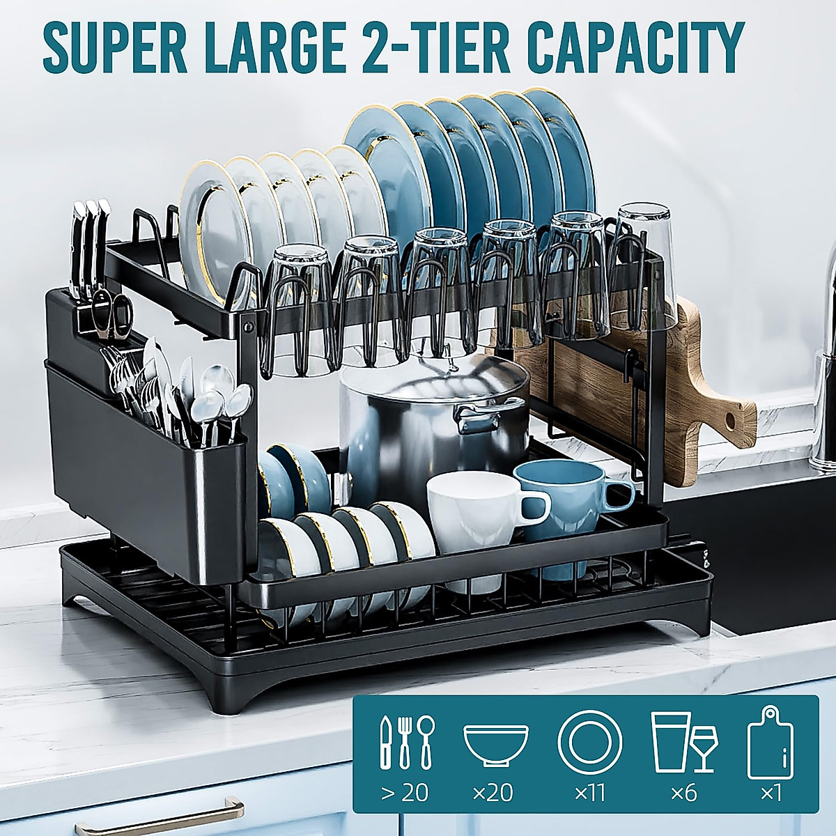TAILI Dish Drying Rack for Kitchen Counter with Drainboard, Large 2 Tier Dish Rack and Drainboard Set with Cutlery Holder, Cup Holder & Utensil Holder, Rustproof Sink Dish Drying Rack