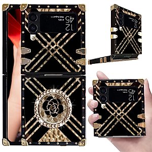 Ephoou for Samsung Galaxy Z Flip4 5G Case for Women,Square Rivet Metal Corner Design Phone Case Cover with Bling Diamond Ring Suitable for Samsung Galaxy Z Flip4 5G 6.7" BF-Black