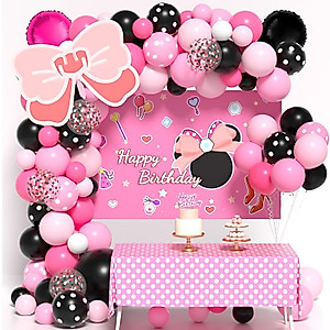 Pink Mouse Birthday Decorations of Pink Mouse Balloon Arch Kit with Backdrop & Tablecloth - Mouse Balloon Garland Different Sizes 5 12 Inch Pink Black Balloons for Girls Baby Shower Birthday Decor