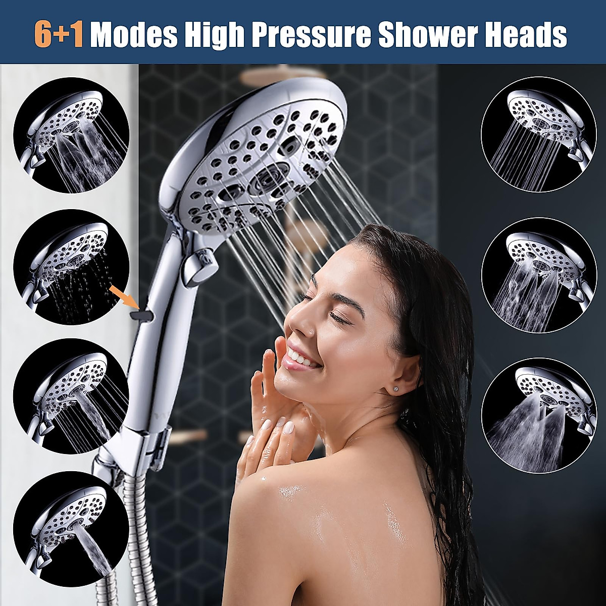 VXV Rainfall Shower Head Combo, 8'' High Pressure Rain Shower Head with 6 Function Handheld Spray, Dual Shower Head Combo with Adjustable Slide Bar, Chrome