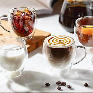 CNGLASS 8.5oz Glass Coffee Mugs,Double Wall Insulated Glass Mugs with Handle,Clear Espresso Mugs for Latte,Cappuccino,Tea Bag,Set of 4