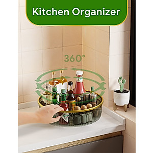 11.8 Inch Lazy Susan Organizer for Cabinet with 7 Removable Bins, 360° Turnable Clear Spice Rack Organizer for Cabinet, Decorative Trays for Pantry, Cupboard, Makeup, Kitchen, Bathroom - Dark Green