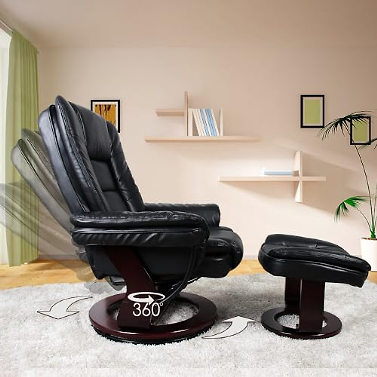 JC Home Contemporary Black Leather Recliner and Ottoman with Swiveling Mahogany Wood Base