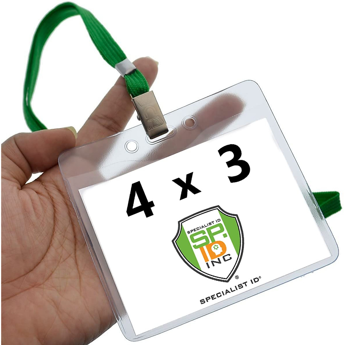10 Pack - 4x3 Name Badge Holder with Lanyard - Clear Plastic Horizontal 4 x 3 Event Card Protector, Trade Show Ticket, Conference Nametag Holder by Specialist ID (Assorted Colors)