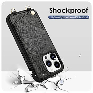 JLFCH ROMIELA Series iPhone 14 Pro Crossbody Case with Card Holder Wrist Strap, iPhone 14 Pro Wallet Case Chain Lanyard Leather Purse Women Protective for Apple iPhone 14 Pro, 6.1 inch - Black