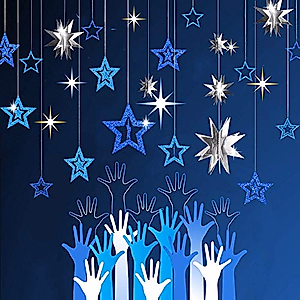 Decor365 Blue Silver Star Party Decoration Kit Metallic Glitter 3D Star Garland Twinkle Little Star Cutouts Starry Party Supplies Hanging Decor for Birthday Baby Shower Graduation Wedding Ramadan