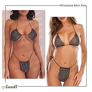 Asooll Rhinestone Bikini Sets Sparkly Crystal Beach Bra Body Chain Sexy Swimwear Fashion Party Nightclub Body Accessories Jewelry for Women and Girls (Black)
