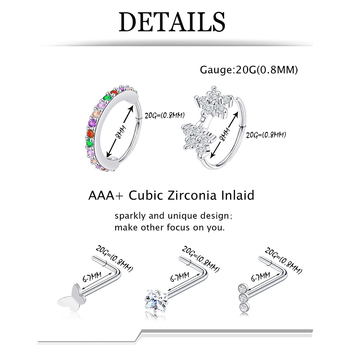 Akeoqi 29Pcs 20G Nose Ring Studs Nose Ring Hoops L Shape CZ Butterfly Snake Star Moon Shape Nose Piercing Jewelry for Women Silver Tone