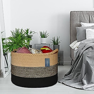 COMSE Extra Large Blanket Basket, Storage Basket, Laundry Basket, 21.7”x 13.8”, Laundry Hamper, Cotton Rope Basket, Blanket Basket Living Room, Toy Basket (Brown & Black)