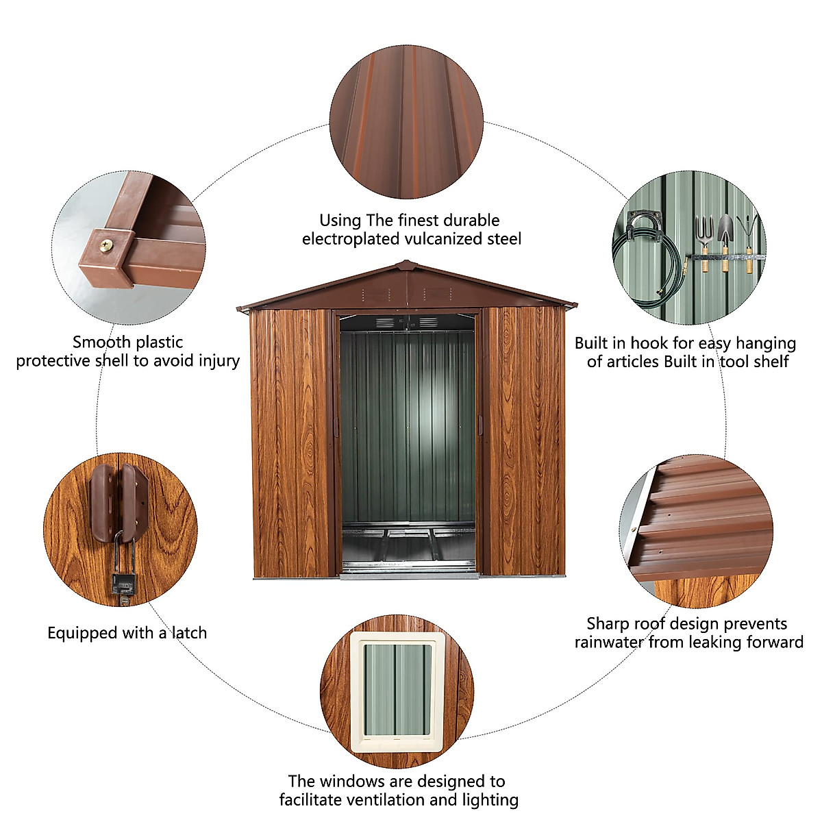 6.36ft x 5.7ft Outdoor Metal Storage Shed with Metal Floor Base,Sliding Doors and Window,Sun Protection,Waterproof Tool Storage Shed for Backyard, Patio, Lawn (Wood Grain & Dark Brown)