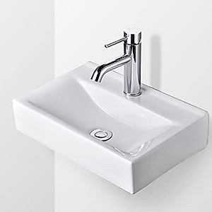 Aquaterior 18" x 12" Modern Rectangle Bathroom Vessel Sink and Drain Combo Wall Mount Ceramic Porcelain Washing Basin Counter Top Lavatory White