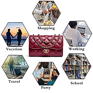 Qiayime Women Crossbody Bag Quilted Ladies Fashion Leather Handbag Small Shoulder Bag Purse Heart Shaped Clutch Evening Bag (Red)