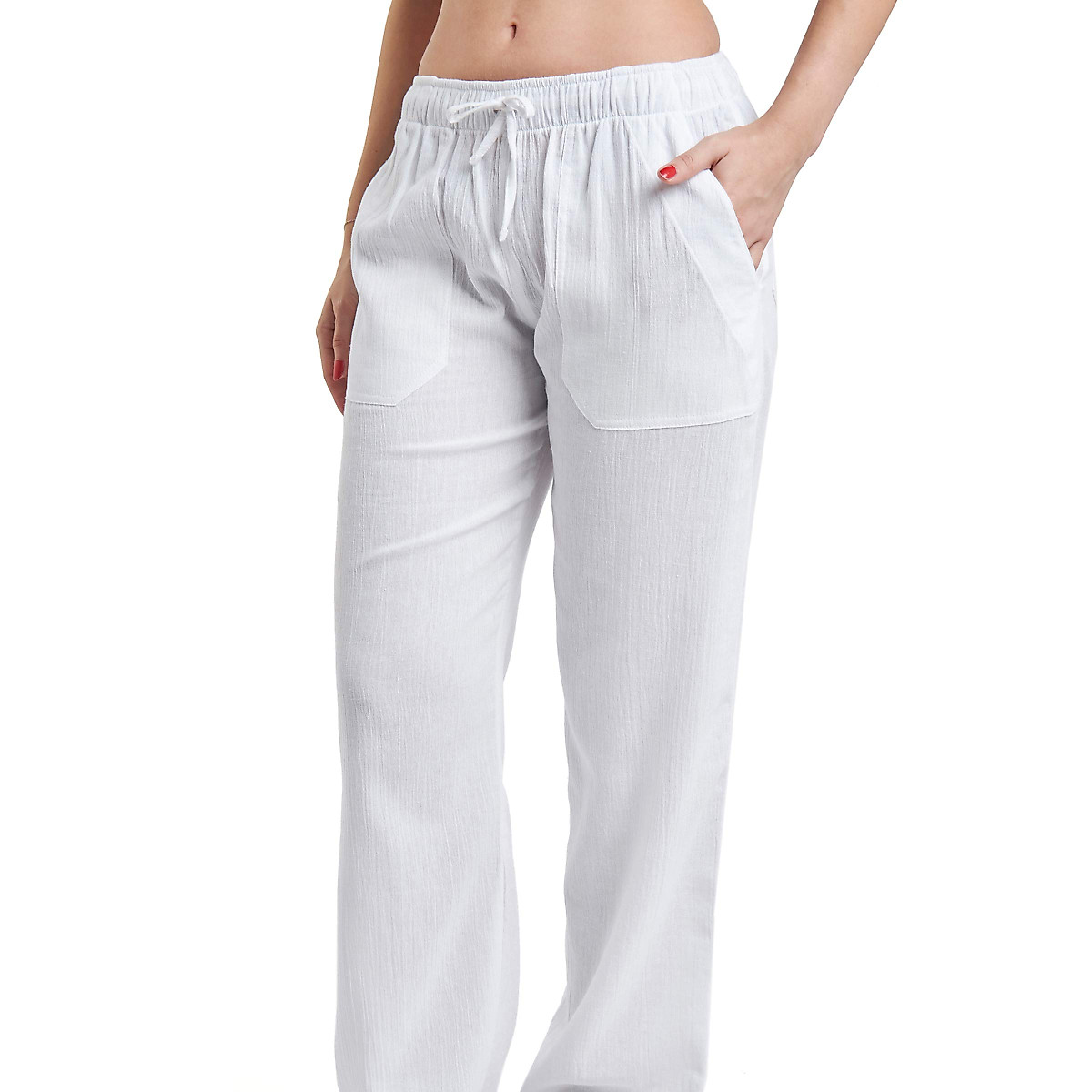 J CE Women's Cotton Gauze Low Waist Beach Pants with Pockets (White, XXXL)