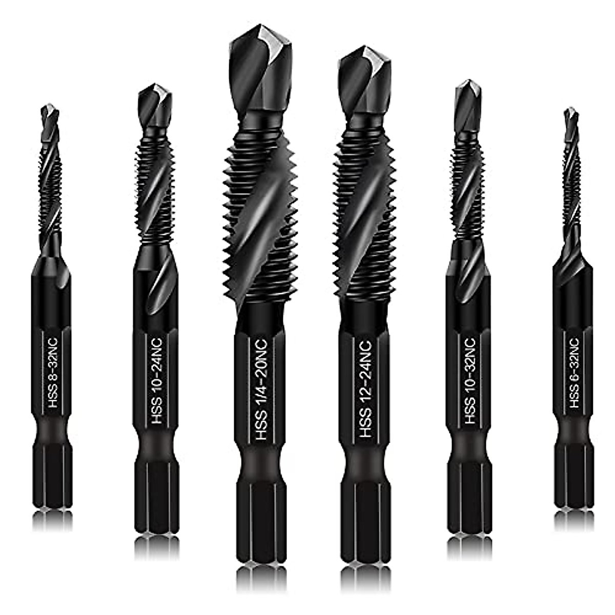 6 Packs Combination Drill & Taps Bit Set, Screw Tapping in SAE Size 6-32nc 8-32nc 10-32nc 10-24nc 12-24nc 1/4-20nc with Anti-Rust Black Coating, 1/4” Hex Shank and Storage Case