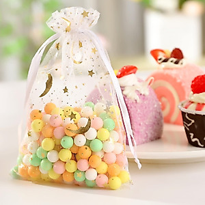 ENNIYU 100 Pieces Moon Star Organza Bags, 4x6“ Mixed Color Christmas Wedding Favors Gift Drawstring Bags Jewelry Pouches Candy Mesh Pouches