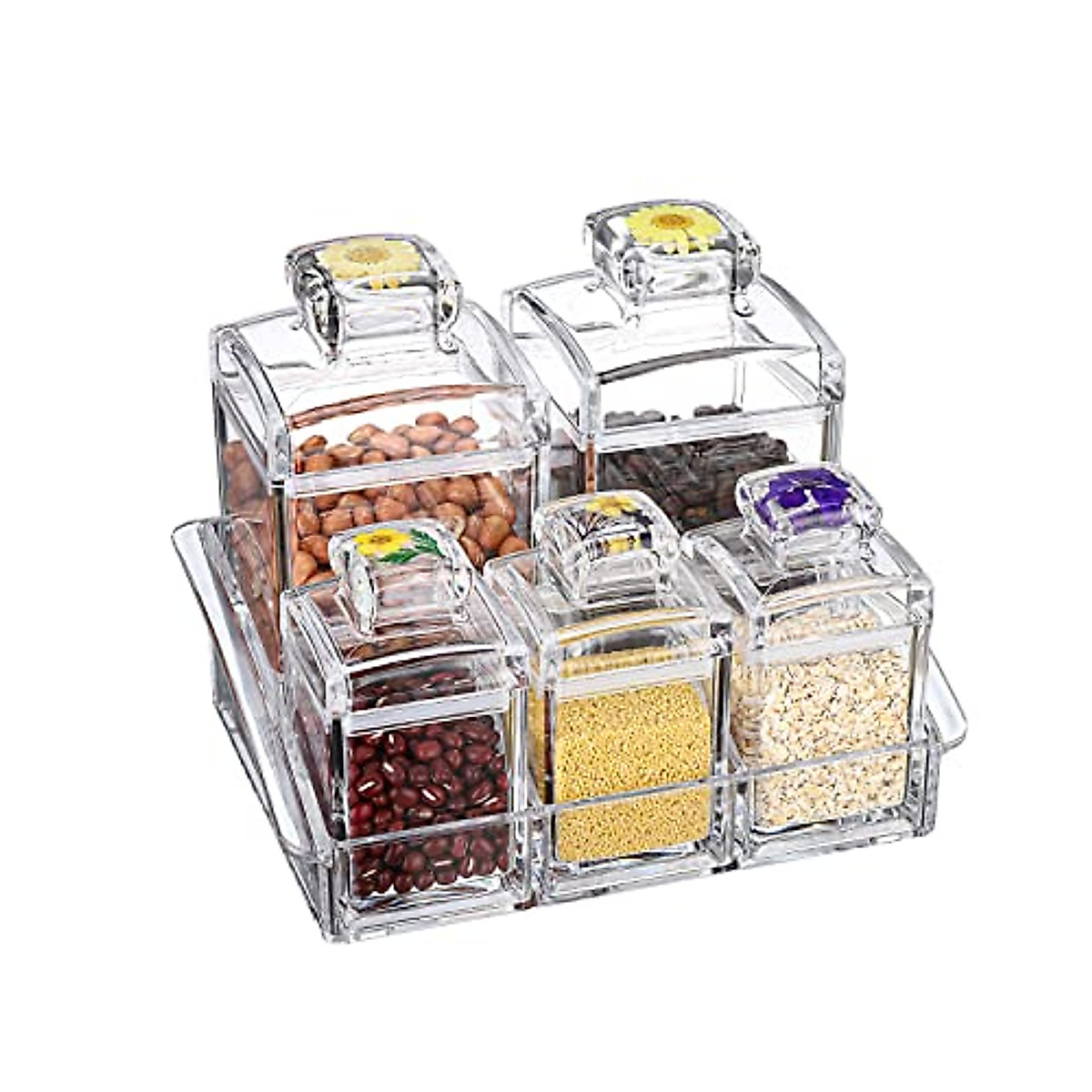 Bestfull Spice Container 5 PCS Sealed Containers with Handle Lids and Tray, Seasoning Containers Square-shaped for Spice, Salt, Sugar, Kitchen Storage and Countertop Use with Random Flower