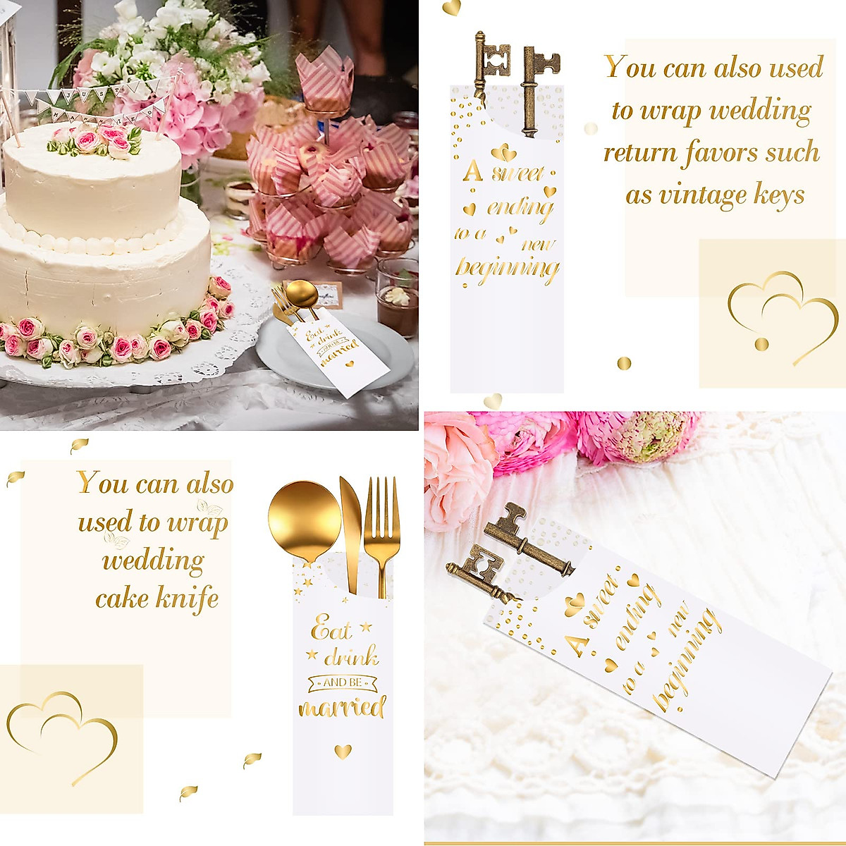 100 Pieces Valentine's Day Silverware Bags Wedding Silverware Sleeves Utensil Holder Unfinished Personal Name Paper Silverware Bag Disposable Cutlery Holder for Rehearsal Dinner Engagement Barbeque