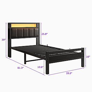 HOJINLINERO Twin Bed Frame with Charging Station & LED Lights,Storage Upholstered Headboard,Metal Bed Frame Twin Size Bed Frames No Box Spring Needed,Mattress Beds Base,Heavy Duty Steel Slats,Black