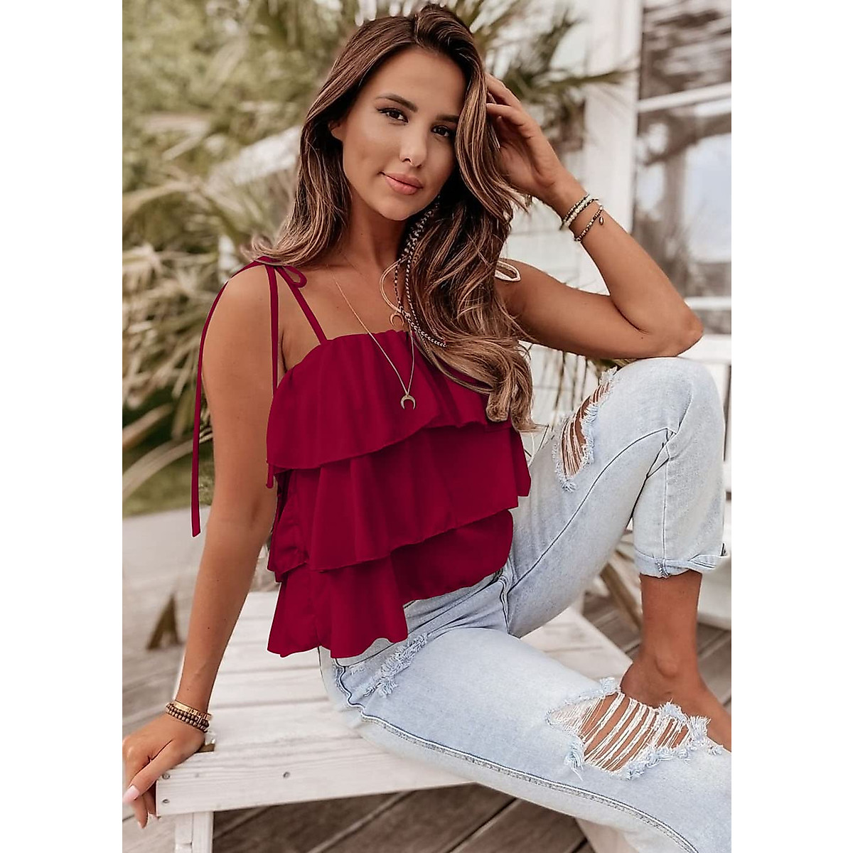 KIRUNDO Women's 2025 Summer Spaghetti Strap Cami Tank Tops Tiered Ruffle Tie Shoulder Flowy Sleeveless Shirts Camisole(Jujube Red, Medium)