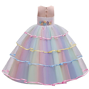 WOCINL Girls Princess Dress Unicorn Outfits Sleeveless Rainbow Party Birthday Wedding Christmas Halloween Carnival Costume Multicolored 4-5T