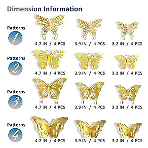 Butterfly Decorations - 48 Pcs, 4 Styles, 3D Wall Decor, Gold, Baby Shower, Flower Arrangements