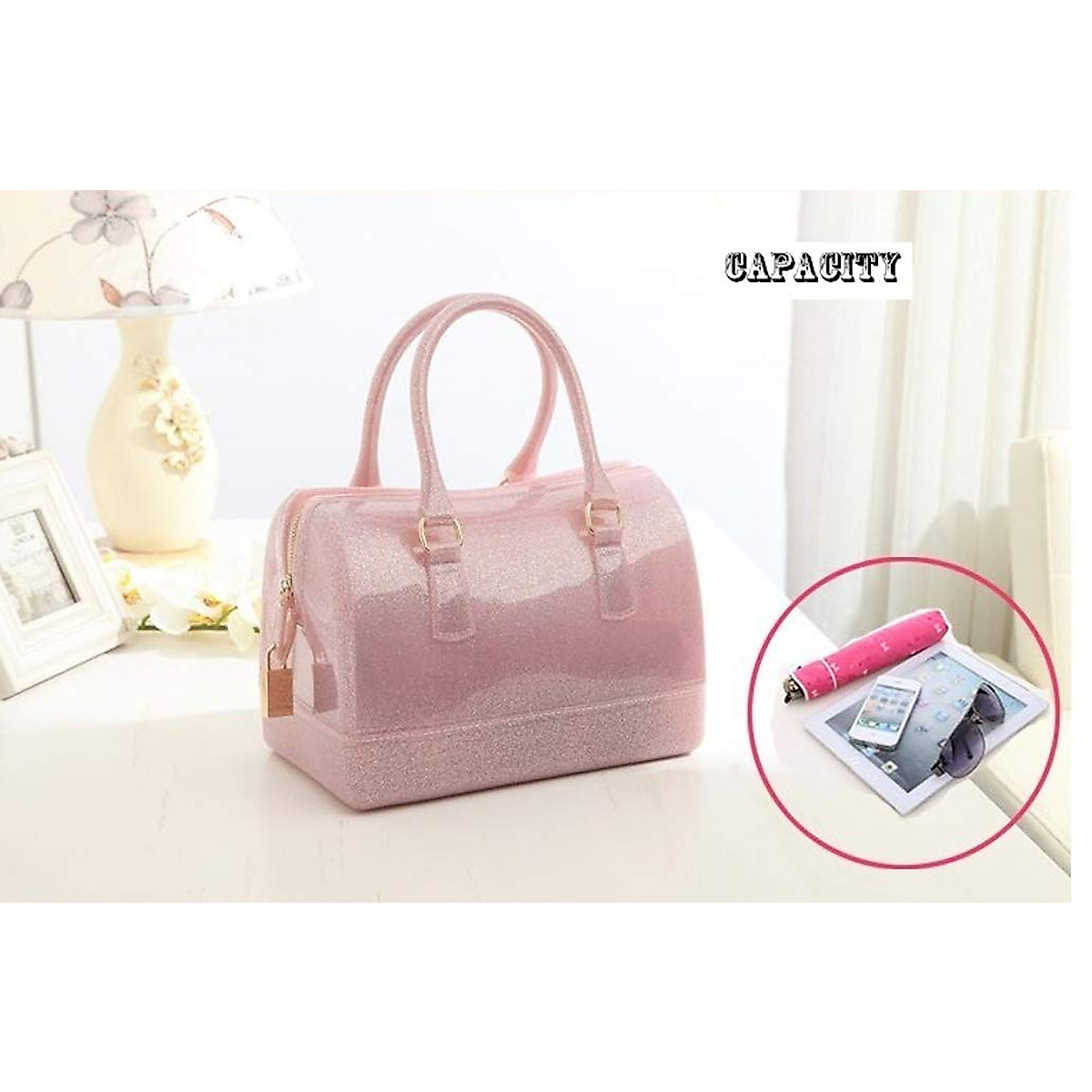 Ladies Summer Jelly Pillow-shaped Top Handle Handbag Candy Color Transparent Crystal Purse (Glitter Pink)