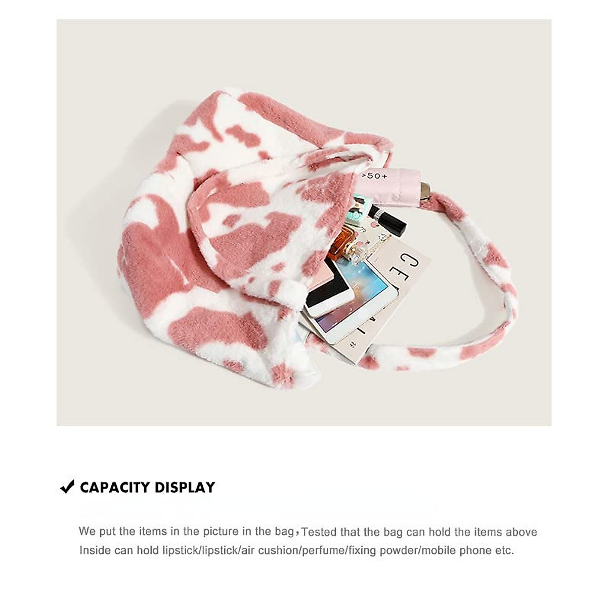 Fluffy Cow Printed Tote Bag Y2K Fuzzy Shoulder Bag Plush Aesthetic Purse Underarm Bag for Autumn Winter (Brown)