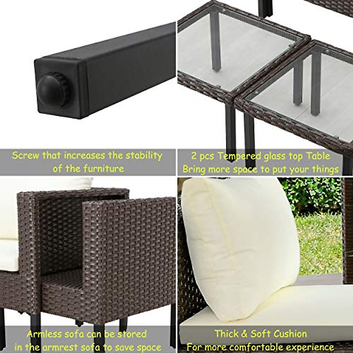 LOKATSE HOME 6 Pieces Patio Furniture Outdoor All Weather Wicker Conversation Sets with Brown Rattan Sofa Chair, Cushions and Coffee Glass Table, Beige