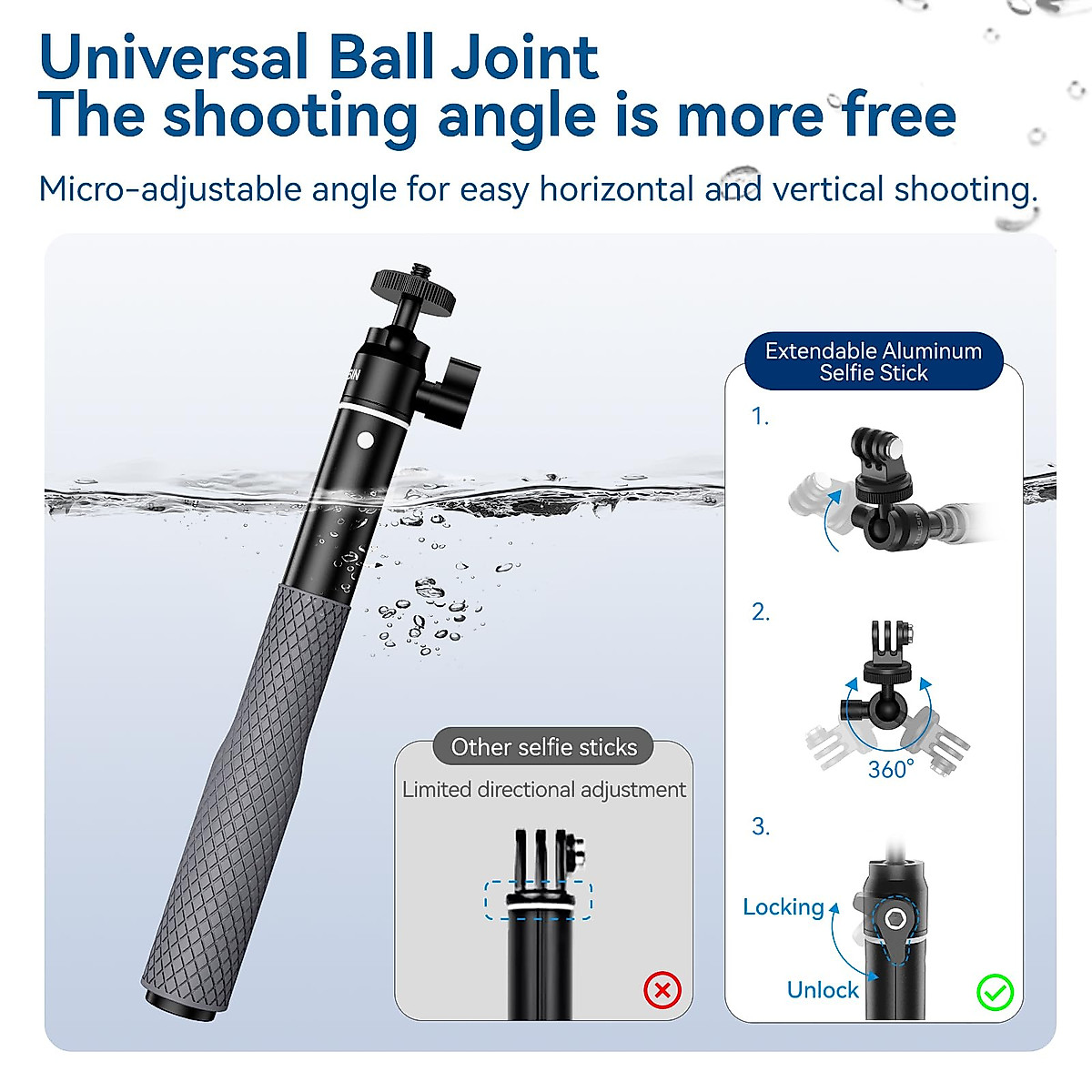 TELESIN 360° Waterproof Selfie Stick 25.75" w Hand Strap Underwater Dive Diving Extension Stick Pole Monopod for GoPro Max 12 11 10 9 8 7 Insta360 X3 GO3 Ace Pro DJI Action 4 Osmo Pocket 3 Accessories