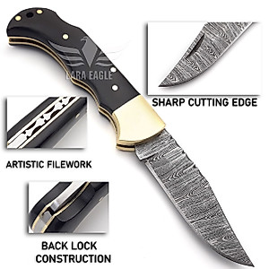 Lara Eagle Damascus Pocket Knife for Men - 133 Layer Solid Steel Handmade Folding Hunting Knives with Sharpner and Leather Pouch - Best Knife for Camping Hunting Hiking - Father’s Day Gifts for Men Husband Dad (Buffalo Horn Handle)