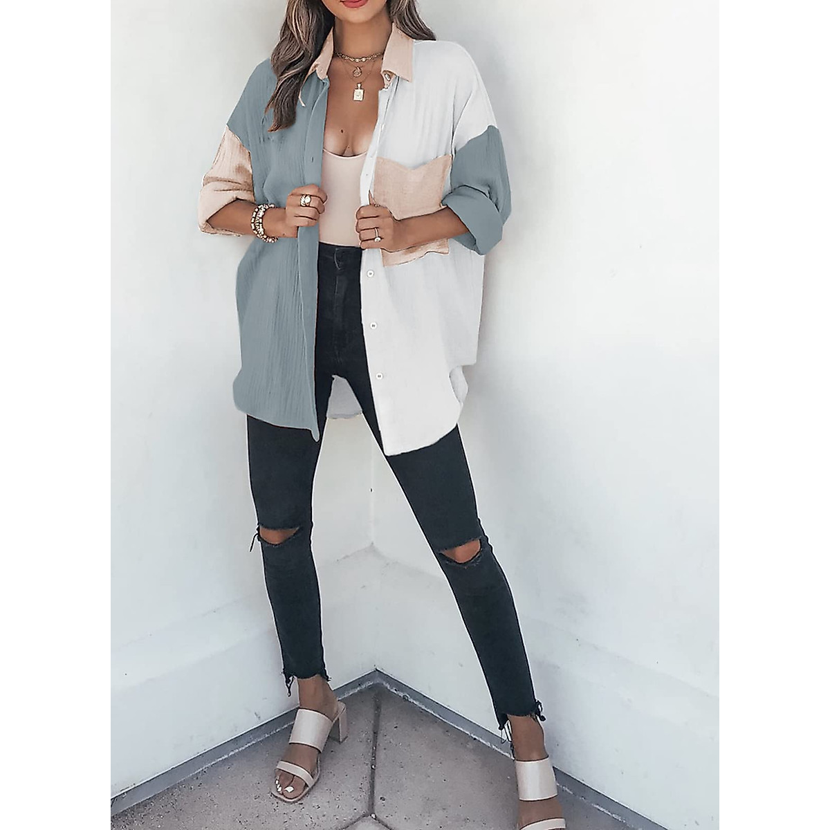 Dokotoo Women's Cute Spring Button Down Lightweight Soft V Neck Collared Long Sleeve Shirts for Women Casual Loose Fashion Summer Blouses Tops with Pockets Grey L