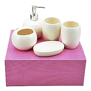 N/A/A Bathroom Accessories Set 5-Piece Ceramic Bathroom Accessories Bath Accessories Set with Soap Dispenser, Toothbrush Holder, Two Tumblers, Soap Dish, Apartment Necessities (White)