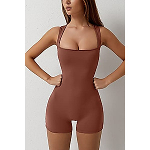 QINSEN Women's Sexy Tube Top One Piece Jumpsuit Square Neck Short Length Romper Brown S