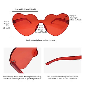 JFTOWN 8 Pairs Heart Shape Rimless Valentines Sunglasses Candy Color Frameless One Piece Love Glasses for Women Party Favor (Red)