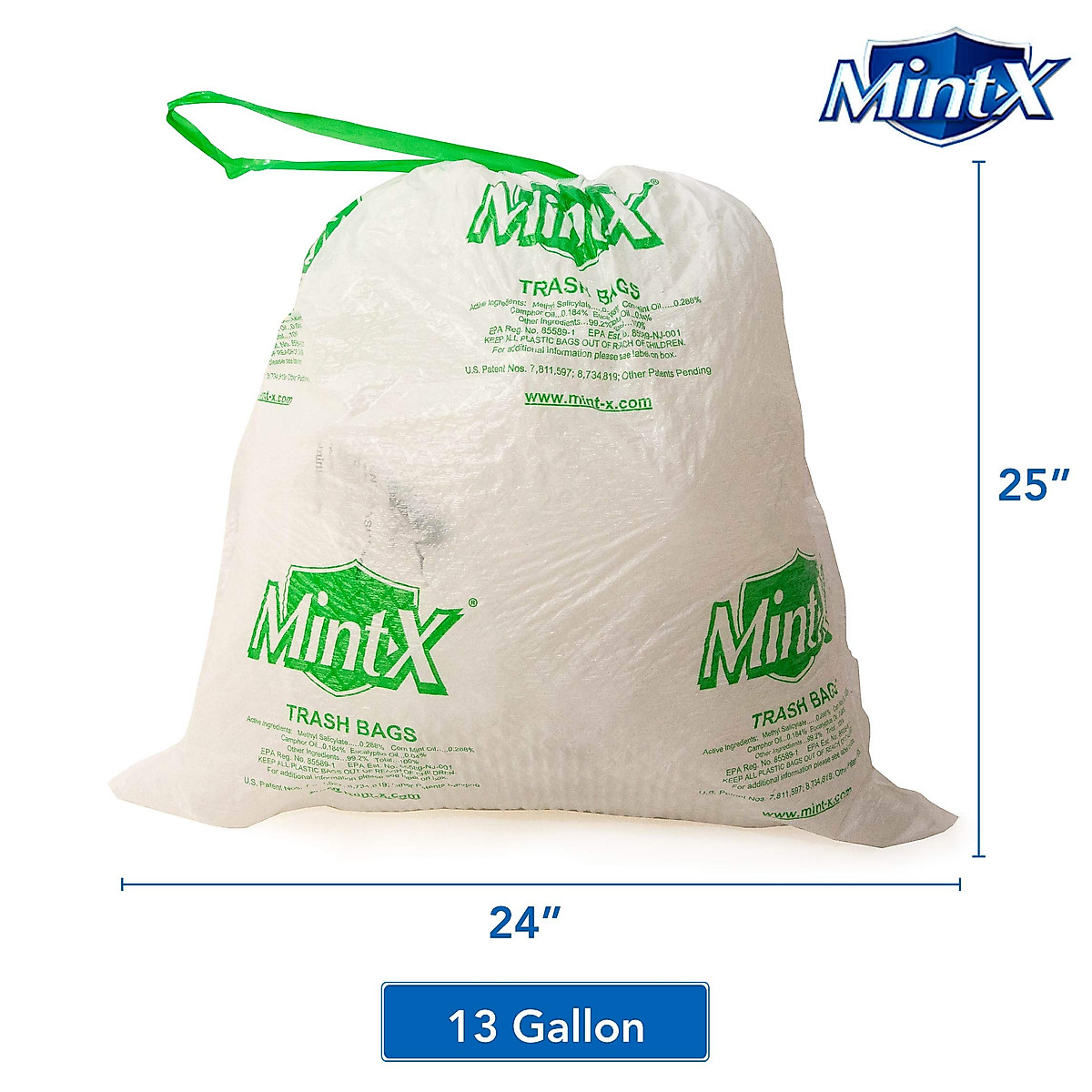 Mint -X Rodent Repellent Indoor Tall Kitchen Drawstring Trash Bags with Mint-Flex Technology; 13 Gallon, 120 Count, White