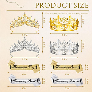 Ferreve 14 Pcs Homecoming Party Prom Sashes Set Include Homecoming King Queen Prince Princess Sashes Homecoming Court Sash with Pins, 4 Metal Crown for Men Women Crown School Party Accessories